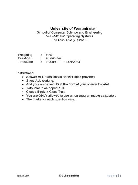 5elen016w Operating Systems In Class Test 2022 23 Pdf Computer