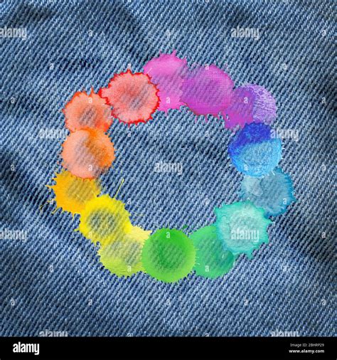 Denim Jeans Background With Round Frame Made Of Watercolor Rainbow Blobs Watercolor Frame With