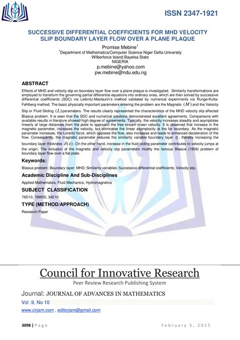 Pdf Successive Differential Coefficients For Mhd Velocity Slip Boundary Layer Flow Over A
