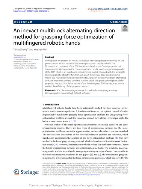 Pdf An Inexact Multiblock Alternating Direction Method For Grasping Force Optimization Of