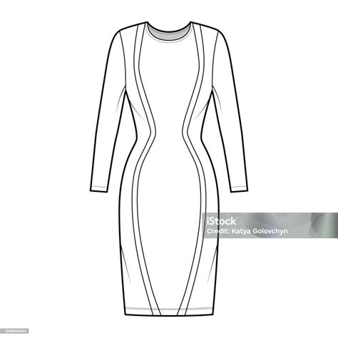 드레스 패널 기술 패션 일러스트와 모래 시계 실루엣 긴 소매 장착 무릎 길이 연필 스커트 0명에 대한 스톡 벡터 아트 및 기타 이미지 Istock