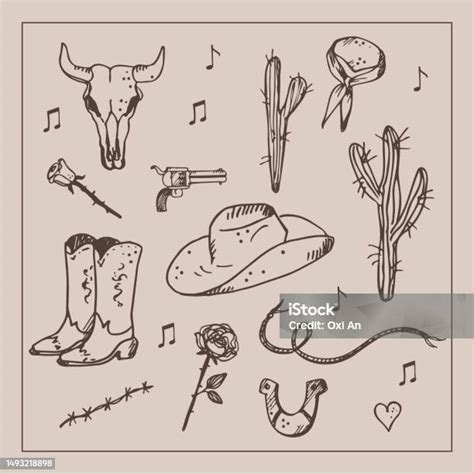 와일드 웨스트 개념입니다 다양한 개체 카우보이 테마 서부 부츠 권총 선인장 뱀 말굽 두건 두개골 장미 손으로 그렸습니다 디자인 요소입니다 벡터 아트 그림입니다 서부 영화에