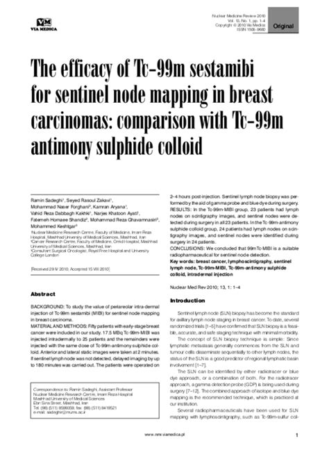 Pdf The Efficacy Of Tc 99m Sestamibi For Sentinel Node Mapping In