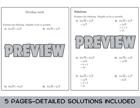 Dividing Surds Worksheet With Answers Teaching Resources