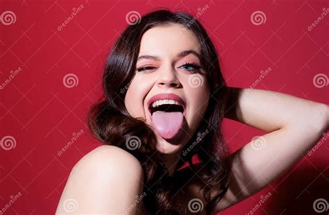 Emotional Girl Beautiful Modern Model Shows Tongue Model With