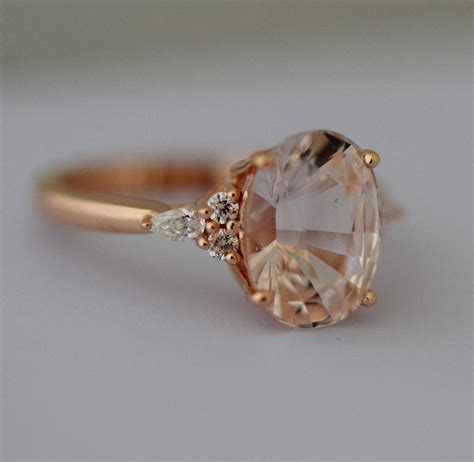 Peach Sapphire Engagement Ring Oval Diamond 14k Rose Gold Campari