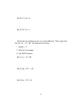 Algebra 2 Unit 1 Quadratic Equations W Square Roots Guided Notes