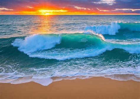 Premium Photo A Sunset On The Beach With A Wave Crashing On The Sand