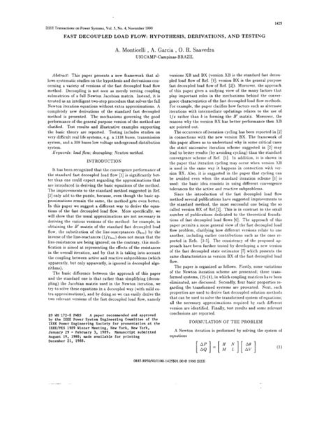Fast Decoupled Load Flow Hypothesis Derivations And Testing Pdf
