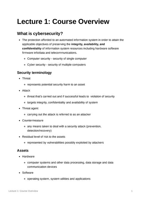 Lecture Course Overview Lecture Course Overview What Is Cybersecurity The Protection