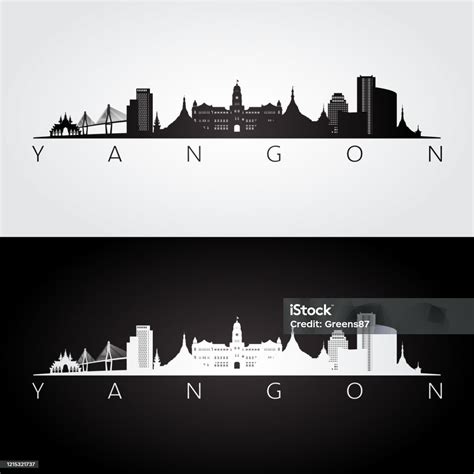 양곤 스카이 라인과 랜드 마크 실루엣 흑백 디자인 벡터 일러스트 벡터에 대한 스톡 벡터 아트 및 기타 이미지 벡터 유명한