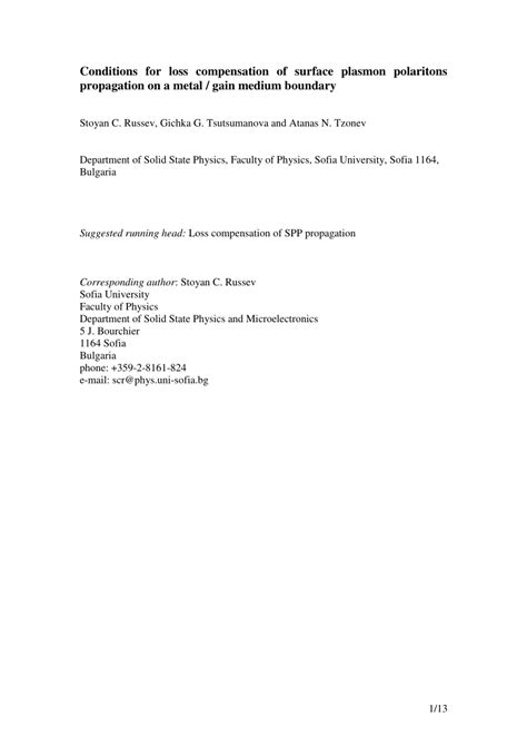 Pdf Conditions For Loss Compensation Of Surface Plasmon Polaritons Propagation On A Metalgain