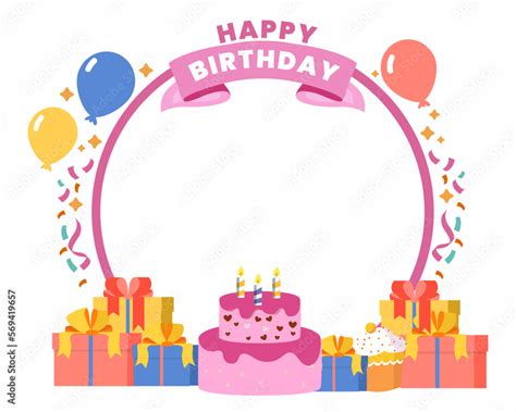 Happy Birthday Frame Design With Birthday Cake Balloons Ts And Glossy Glitter Ribbon Easy