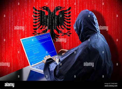 Anonymous Hooded Hacker Flag Of Albania Binary Code Cyber Attack