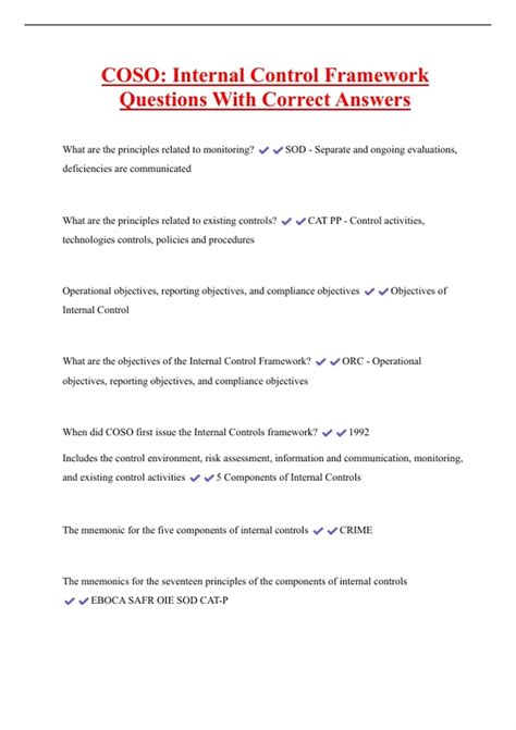 Coso Internal Control Framework Questions With Correct Answers Coso Stuvia Us