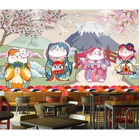 สติกเกอร์วอลเปเปอร์ ลายซูชิ แมว 3d สไตล์ญี่ปุ่น สําหรับติดตกแต่งผนัง