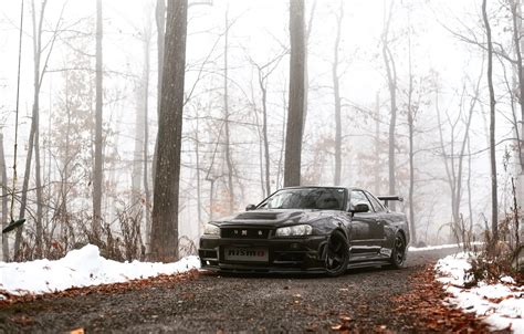 Wallpaper Gtr Nissan Forest Black Skyline Winter Autumn Snow For