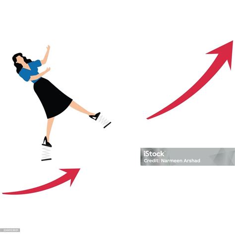 변화하거나 변모하고 뒤돌아보고 역경에 도전하고 역경을 극복하고 성장의 아래쪽 화살표에서 위쪽 화살표로 장대높이뛰기를 하는 여성 사업가 1위에 대한 스톡 벡터 아트 및 기타