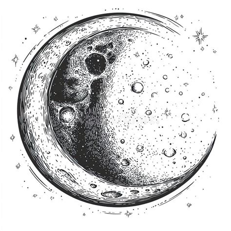 Detailed Illustration Of A Crescent Moon Surrounded By Stars In Black And White Stock