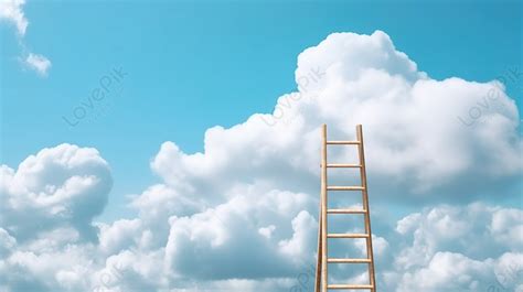성공을 향한 발판사다리 고요한 푸른 하늘과 푹신한 구름 배경을 배경으로 한 매력적인 3d 렌더링 사다리 배경 한 배경