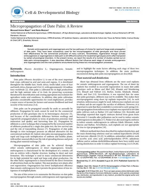 Micropropagation Of Date Palm A Review Pdf Developmental Biology Reproduction