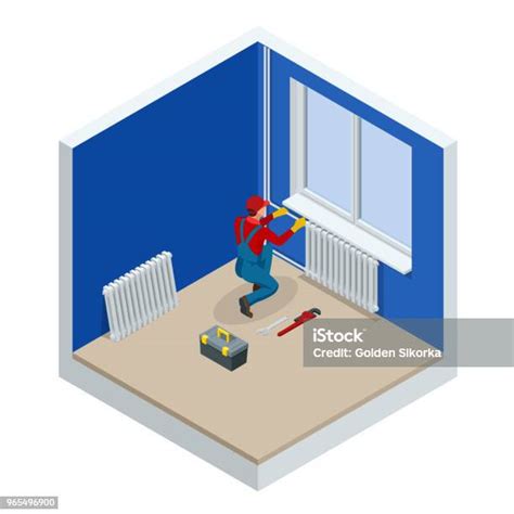 아이소메트릭 전문 배관공 노동자 신축된 아파트 또는 하우스의 빈 객실에 난방 장치 방열기를 설치 건설 유지 보수 및 수리 개념입니다 벡터 일러스트 레이 션 등측투영법에 대한