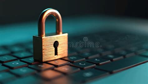 Close Up View Of Golden Padlock Resting On Dark Keyboard Digital Security Concept Padlock