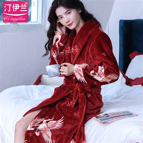 仙鹤睡袍女加厚珊瑚绒秋冬季大码长款晨袍浴袍睡衣法兰绒浴衣冬天虎窝淘