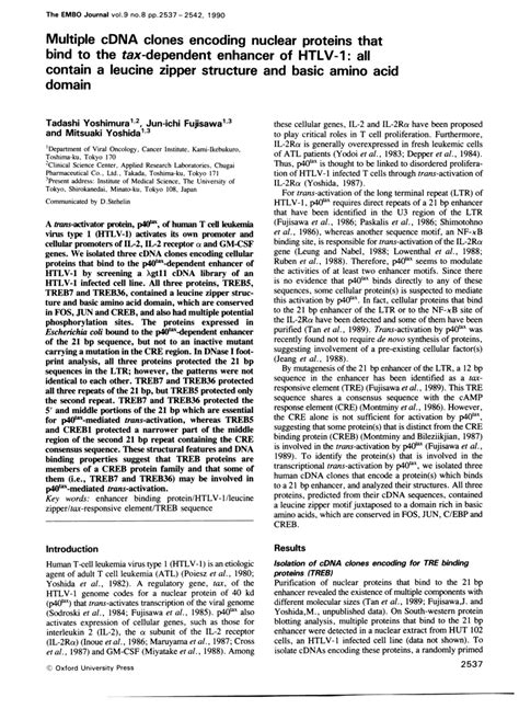 Pdf Multiple Cdna Clones Encoding Nuclear Proteins That Bind To The Tax Dependent Enhancer Of