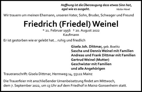 Traueranzeigen Von Friedrich Weinel Vrm Trauer De