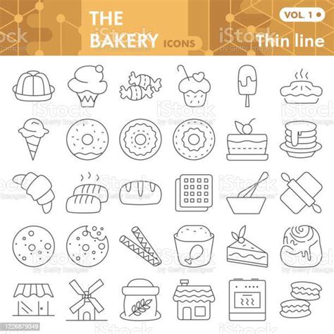 베이커리 얇은 라인 아이콘 세트 패스트리 기호 컬렉션 또는 스케치 흰색 배경에 격리 된 웹 선형 스타일 픽토그램 패키지에 대한 디저트 기호 벡터 그래픽 빵집에 대한 스톡