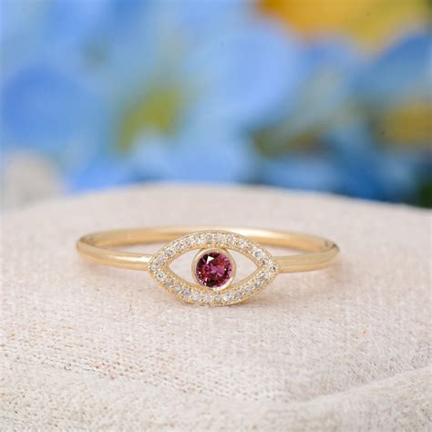 Handmade Solid Gold Red Ruby Evil Eye Ring Dainty Round Shape Natural Ruby Evil Eye Ring Evil