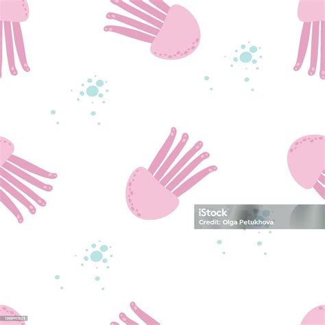 분홍색 해파리와 푸른 물 거품 흰색 배경에 매끄러운 패턴 해양 컬렉션 종이 직물 섬유 포장에 인쇄하기위한 벡터 그림 귀여운에 대한 스톡 벡터 아트 및 기타 이미지 Istock