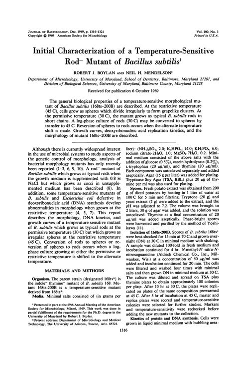 Pdf Initial Characterization Of A Temperature Sensitive Rod Mutant Of Bacillus Subtilis
