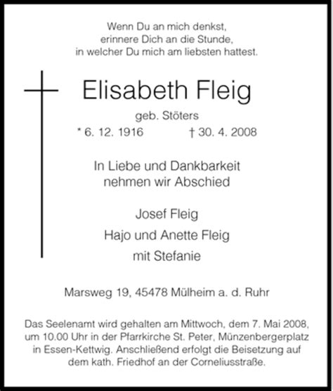 Traueranzeigen Von Elisabeth Fleig Trauer In Nrwde