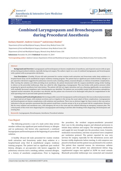 Pdf Combined Laryngospasm And Bronchospasm During Procedural Anesthesia