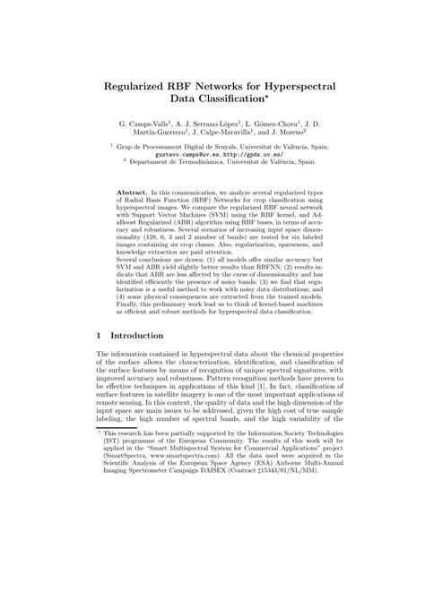 Pdf Regularized Rbf Networks For Hyperspectral Data Classification