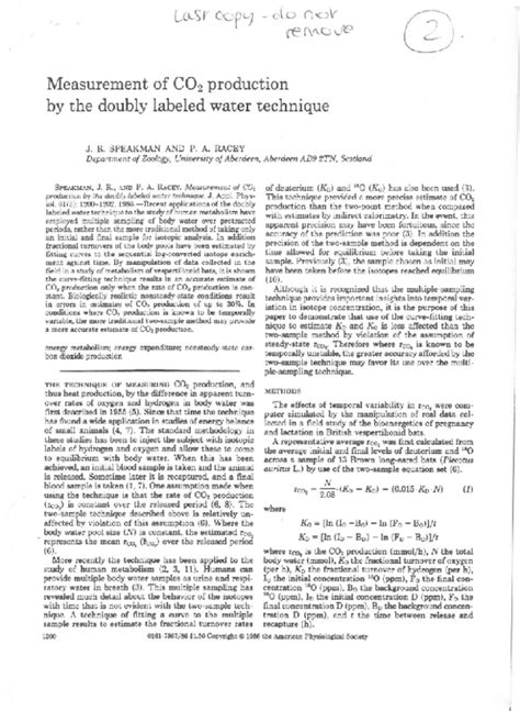 Pdf Measurement Of Co2 Production By The Doubly Labeled Water Technique
