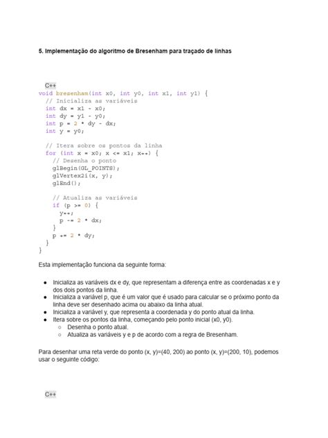 C X0 Y0 X1 Y1 5 Implementação Do Algoritmo De Bresenham Para
