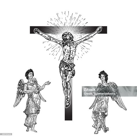 가까운 예수 그리스도 십자가 새로운 시대 해석 하나님의 아들 날개 달린 천사 육체 문신 참조입니다 좋은 금요일 벡터입니다 문신에 대한 스톡 벡터 아트 및 기타 이미지