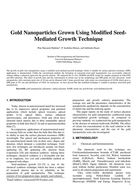Pdf Gold Nanoparticles Grown Using Modified Seed Mediated Growth Technique