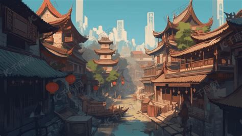 中国风中式古典建筑繁华街道插画图片 千库网