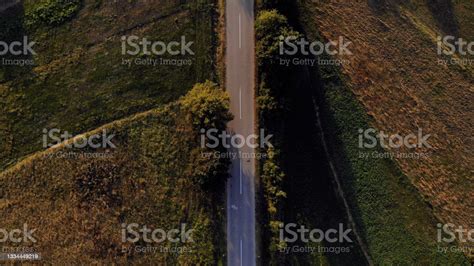 숲으로 둘러싸인 도로를 따라 달리는 빨간 자동차의 공중 보기 0명에 대한 스톡 사진 및 기타 이미지 0명 가을 거리 Istock