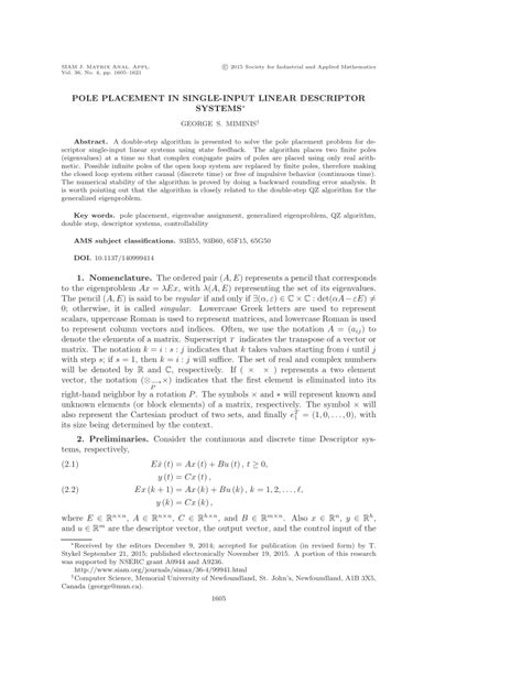 pdf pole placement in single input linear descriptor systems