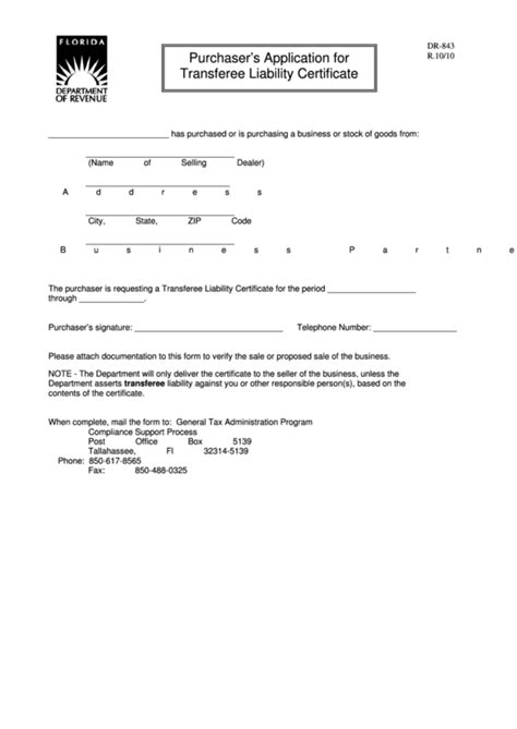 Form Dr 843 Purchasers Application For Transferee Liability