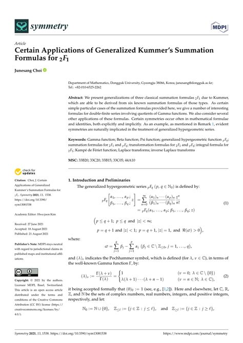 Pdf Certain Applications Of Generalized Kummers Summation Formulas For 2f1