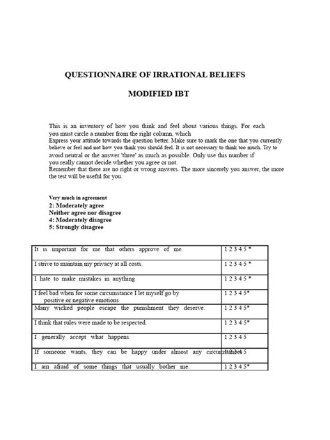 Irrational Beliefs Questionnaire Ibt Pdf Behavioural Sciences Psychological Concepts