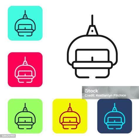 흰색 배경에 격리 된 검은 줄 스키 리프트 아이콘 색상 정사각형 단추로 아이콘을 설정합니다 벡터 거리에 대한 스톡 벡터 아트 및 기타 이미지 Istock