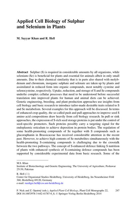 Pdf Applied Cell Biology Of Sulphur And Selenium In Plants