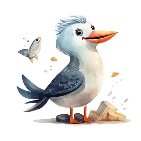 Premium Ai Image Cute Herring Gull Bird Watercolor Illustration Clipart